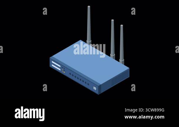 Isometric network wifi router with antennas animation. Wireless network ...