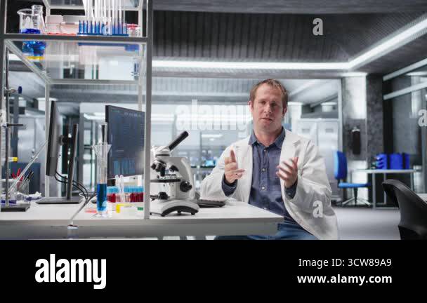 POV of lab scientist on video conference call explaining molecular ...