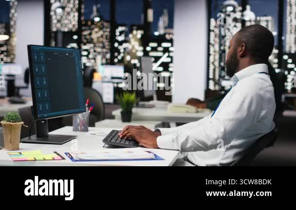 African american staff members use AI chatbot system at pc for problem ...