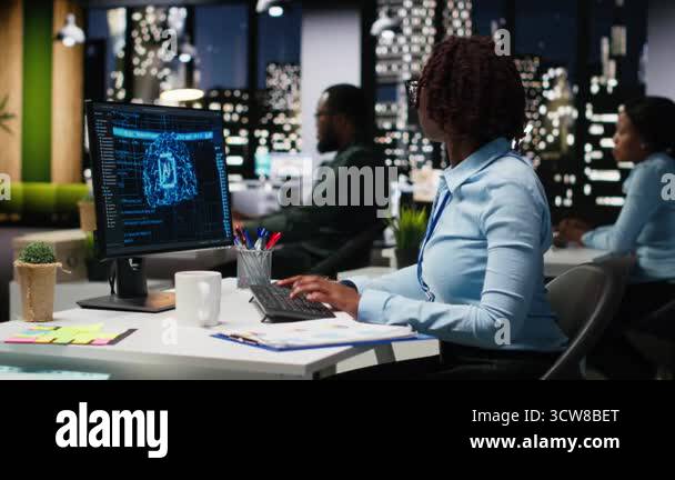 Black woman specialist examine KPI reports with artificial intelligence ...