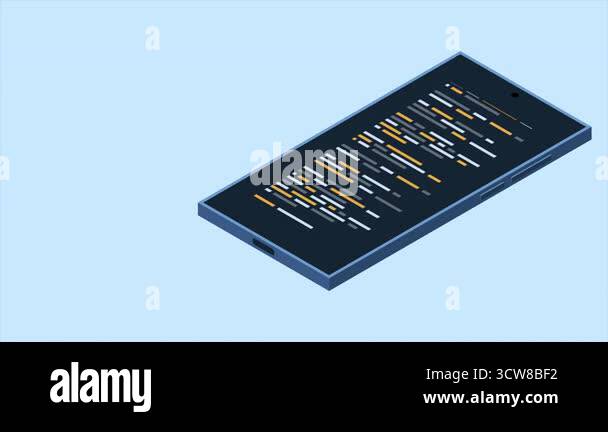 Isometric smartphone animation. Program code on smartphone screen ...