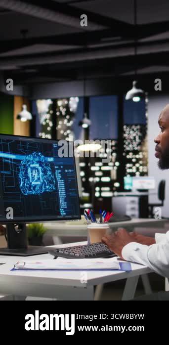 Vertical Video Black IT consultants workers use AI big data and ...