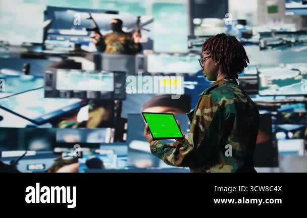 Isolated screen mockup tablet warning system used by military operator ...