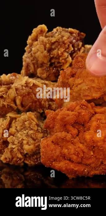 A hand picks up assorted crispy fried chicken wings and drumsticks from a pile under warm ...