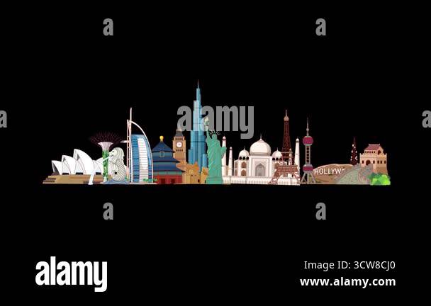Animated sequence reveals famous global landmarks on a black background ...