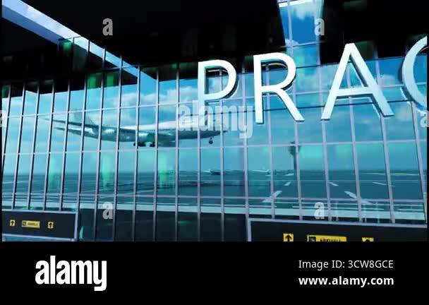 Airlane landing at city, arrival in the city with the glass airport ...