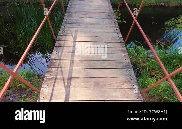 Wooden planks of a bridge with metal railings over a pond Stock Video ...