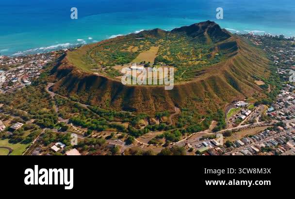 Few buildings situated in the crater of the Diamond Head Crater. Low ...