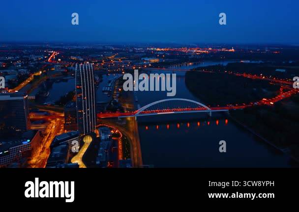 Street lights are on in the night scenery of Bratislava, Slovakia ...