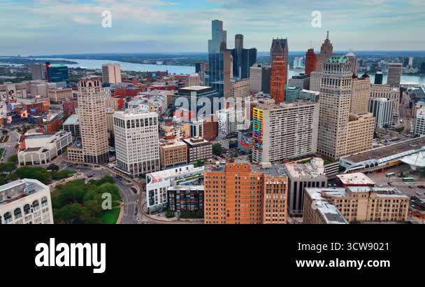 Approaching the high-rise downtown of modern Detroit, Michigan, USA ...
