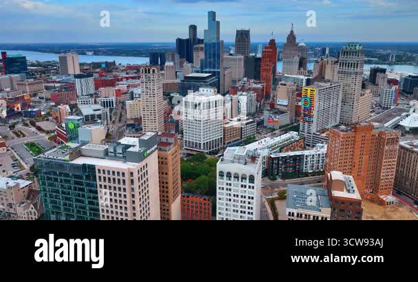 Varied architecture in the downtown of Detroit, Michigan, USA. Aerial ...