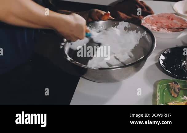 step by step. flat lay. making a cake with cream to prepare chocolate ...
