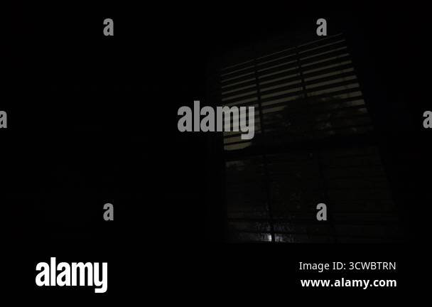 View of the window with blinds at the nighttime. Blinking lightening of ...