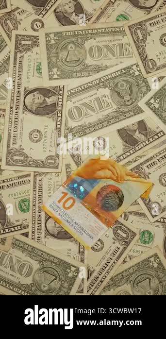 Swiss franc and US dollar banknotes falling as a symbol of wealth and a ...