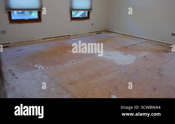 Damaged old floor after padding insulation removal. Moment of carpet ...