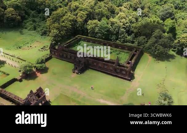 Drone view of the ancient wat phou temple complex, a unesco world ...