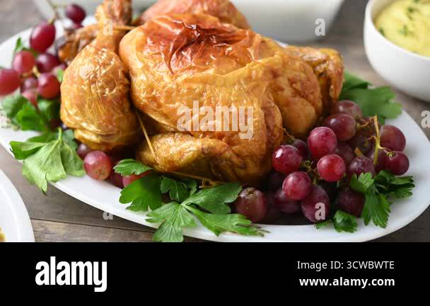 Thanksgiving dinner on rustic wooden table with roasted turkey,mashed ...