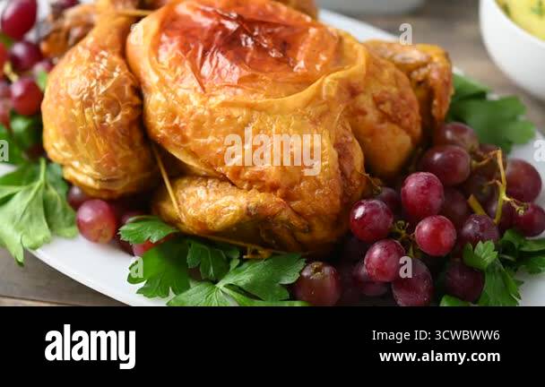 Thanksgiving dinner on rustic wooden table with roasted turkey,mashed ...