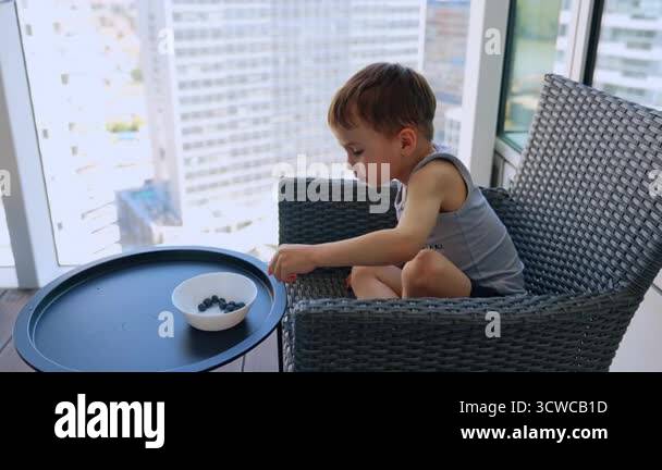 Boy eating blueberries on balcony. A child in a gray shirt eats ...
