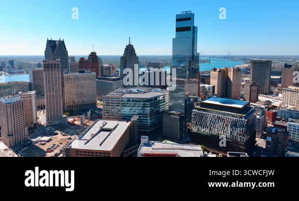 Varied multi-storied buildings and high-rises in Detroit, Michigan, USA ...