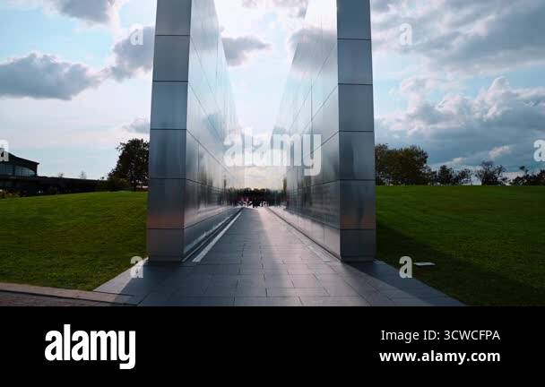 New York, USA, 11 September 2025: Approaching the twin walls of Empty Sky Memorial in Liberty ...