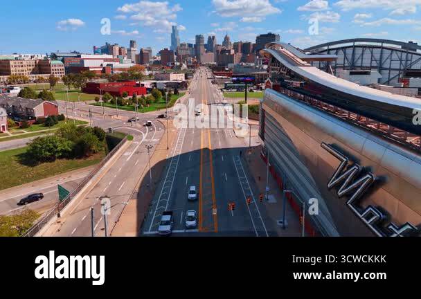 Detroit, USA, 22 July 2025: Footage over the road along the faade of ...