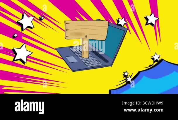 Cartoon Laptop, comic book Notebook with wood signboard. Retro cartoon ...