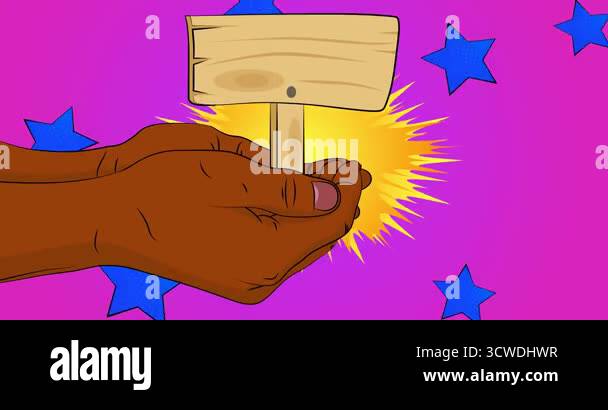 Cartoon, comic book human hands holding wood signboard. Retro video ...