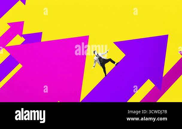 Stop motion animation. Businessman balancing on large rising arrow amid ...