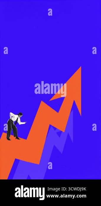 Commercial video. Businesswoman climbing sharp arrow while analyzing ...