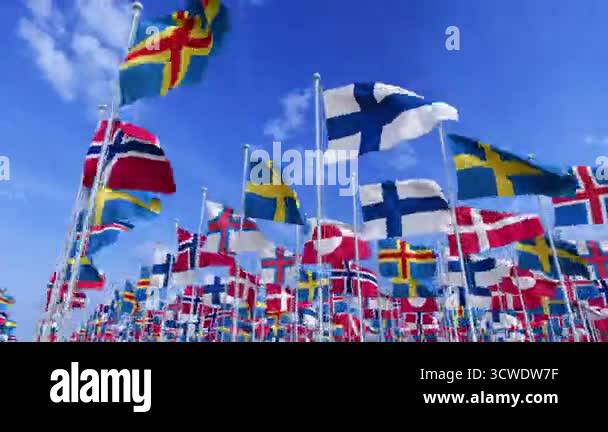 Scandinavian countries flags waving on metal poles against blue sky ...