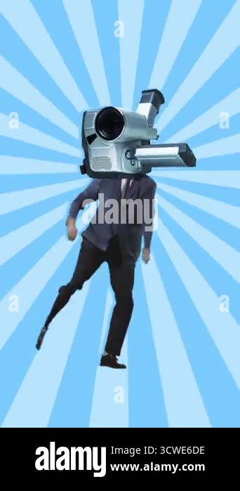 Fun product video. Dancing businessman with camera head dancing on blue ...