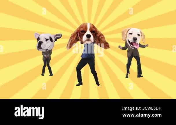 Playful stop motion. Dancing group of people with dog heads on yellow ...