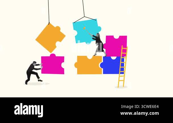 Ad template of teamwork assembling giant puzzle pieces with ladder and ...