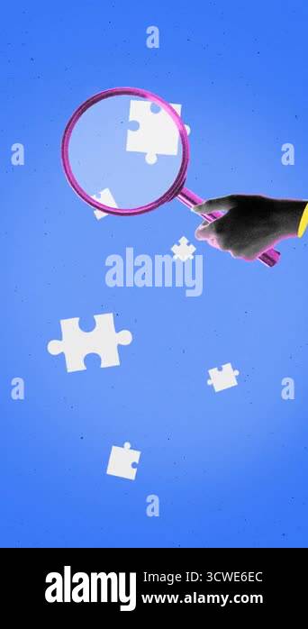 Animated ad of hand with magnifying glass focusing yellow puzzle piece ...