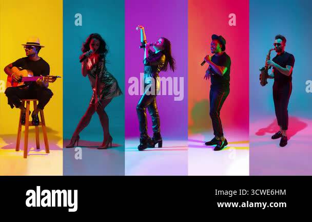 Ad template. Portraits of young musicians on multicolored background in ...