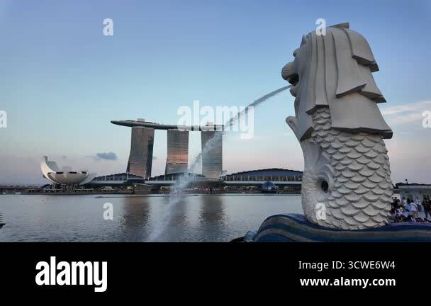 Marina Sand, Singapore - Jul 17 2024: A statue of a Merlion is spraying ...