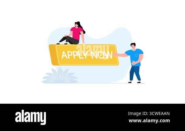 Animated people holding a big yellow apply now button, available on ...