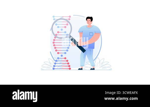 Cartoon scientist with magnifier studying genetic code on white ...