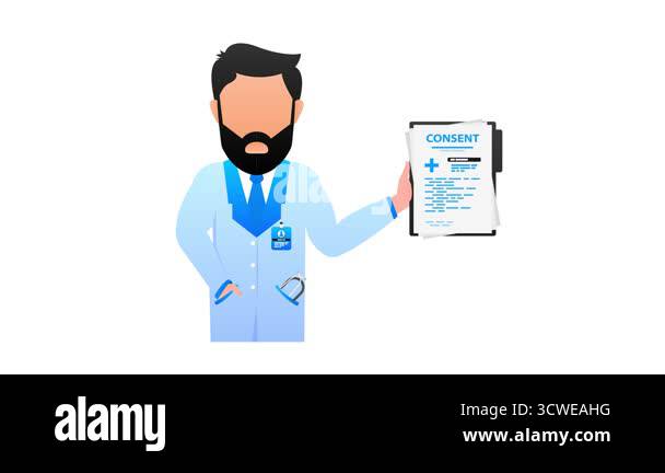 Animated male doctor holding a clipboard with a medical consent form on ...