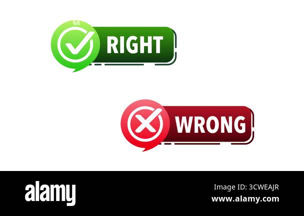 Right and wrong choice buttons with check and cross icons isolated on white and green screen ...