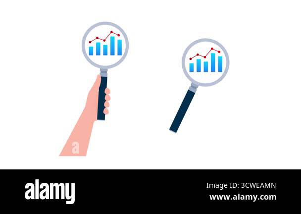 Animated hand holding magnifying glass analyzing business data on white ...