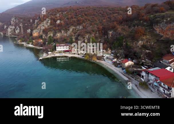 Scenic aerial view of Trpejca village on Lake Ohrid in North Macedonia ...