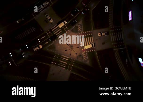 Traffic jam at three street intersection at night. Aerial view from ...