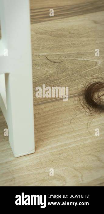 Cut off hair falling on floor in beauty salon. Fresh cut brown hair ...