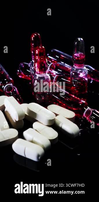 White pills, ampoules with red medicine and syringe are rotating on ...