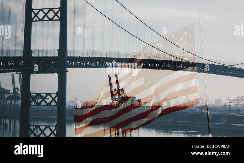4k Ghosted Left Facing American Flag Waving With Shipping Port Harbor ...