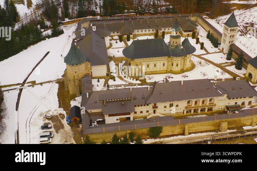 Drone flying above Putna monastery. One of the most important romanian ...