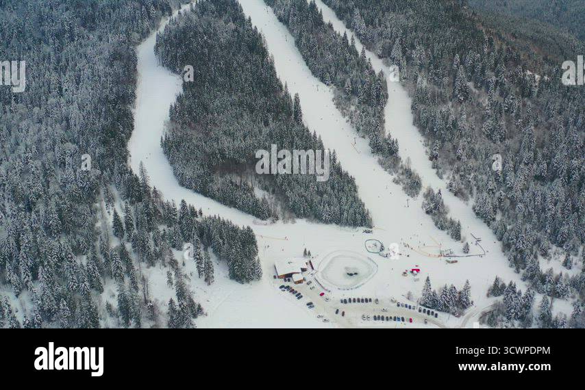 Aerial view of Borsec ski slope with frozen forest in Romania Stock ...