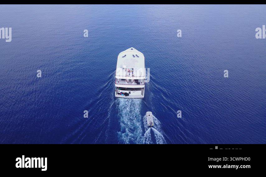 A white yacht tagging a small white speed boat sailing in a tropical ...
